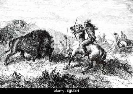 An engraving depicting Native Americans hunting in Buffalo. Dated 19th ...