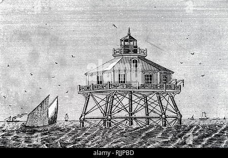 An engraving depicting a screw-pile lighthouse designed by Major Peter ...
