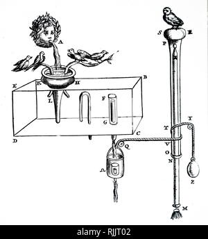 A woodcut engraving depicting an automaton which was powered by liquid ...