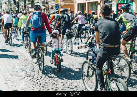 LVIV, UKRAINE – MAY 20, 2018: lviv bicycle day in center of the city ...