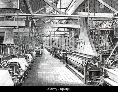 Engraving depicting a weaving shed fitted with power looms driven, via ...