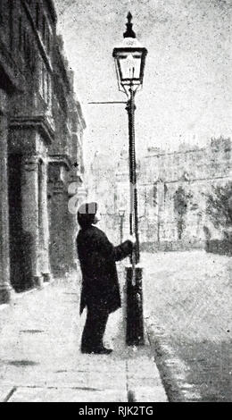 A print depicting a lamplighter lighting the street lamps as the sun ...