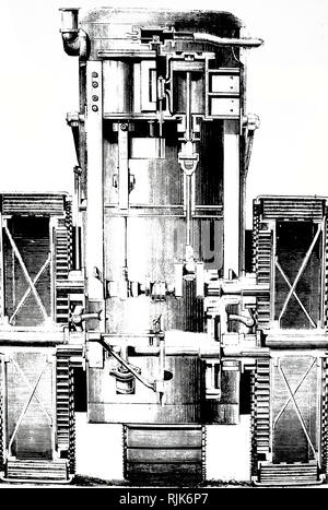 Illustration depicting a steam engine designed by Denis Papin. It had ...