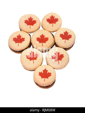 Macaron decorated with red maple leaf made for Canada Day Stock Photo ...