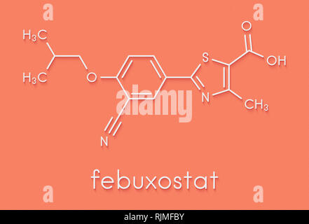 Febuxostat gout drug molecule (xanthine oxidase inhibitor). Stylized ...