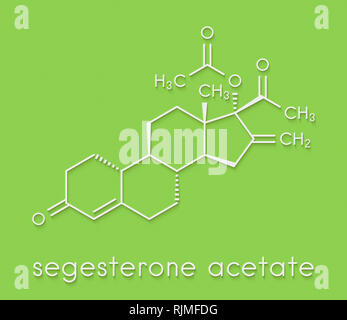 Segesterone acetate (SGA) drug molecule. 3D rendering. Atoms are Stock ...