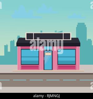 Urban street landscape with shopping mall and residential buildings in ...