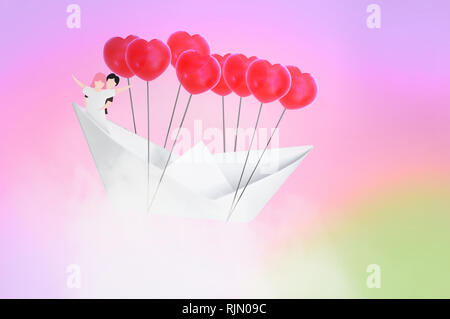 Paper boat with red heart shape balloon flying on Blue sky and clouds ...