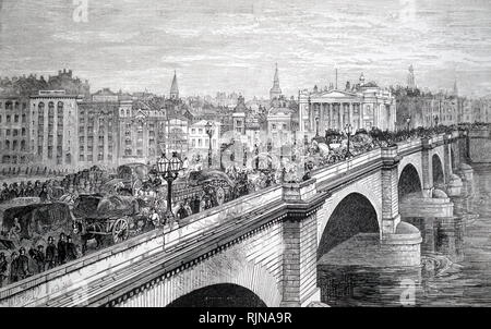 An engraving depicting London Bridge crowded with traffic. Dated 19th ...