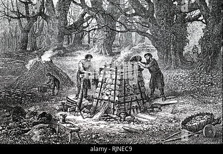 An engraving depicting the medieval process of smelting iron in England ...