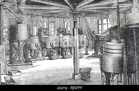 An engraving depicting the grinding room of Fry's Chocolate factory ...