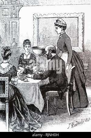 An engraving depicting parlour maids serving at table. Dated 20th ...
