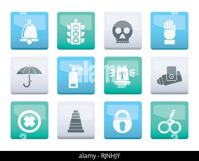 Fire extinguisher and warning sign over red background, colorful design ...