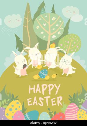 Cute Cartoon Spring Landscape. Vector Illustration with Pink,White and ...