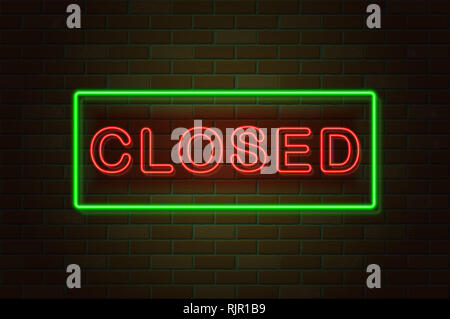 glowing neon signboard closed vector illustration on brick wall ...