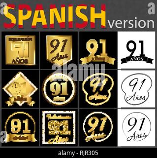 Set of number 91 years (ninety-one years) celebration. Anniversary golden number template ...