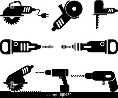 Hand-held power tools on stand in store. Hammer drills, grinding ...