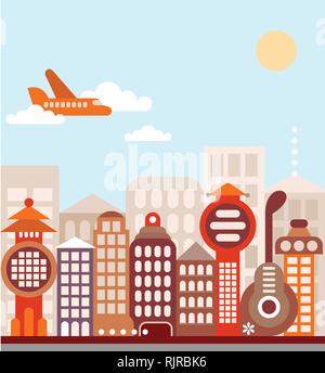 Vector Illustration of a passenger plane flying over the flag of great ...