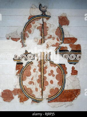 The 'figure of eight shield' Mycenaean fresco wall painting, Mycenae ...
