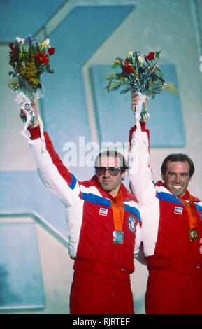 Phil Mahre (USA) Gold -C-, Steve Mahre (USA) Silver, Didier Bouvet (FRA ...