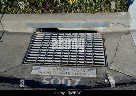 street drain sign saying no dumping, drains into the water supply, in ...