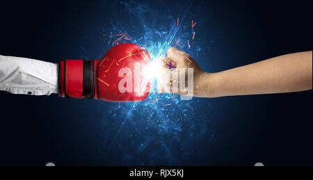 Two hands fighting with light, glow, spark and smoke concept Stock ...