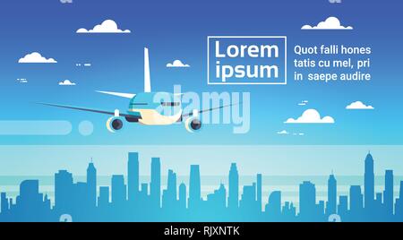 Airplane Flying Over City Skyscrapers Plane In Sky Cityscape Skyline ...