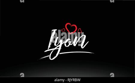lyon white city hand written text with heart on red background for logo ...