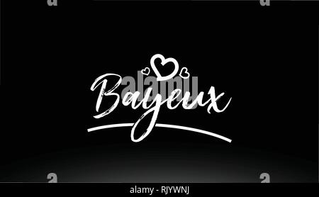 bayeux white city hand written text with heart on red background for ...