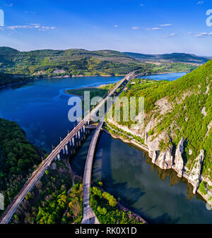 Aerial view of a bridge crossing the Tsonevo lake near Varna, Bulgaria ...