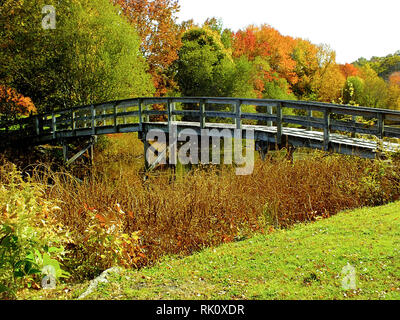 Footbridge over pond in fall Stock Photo - Alamy