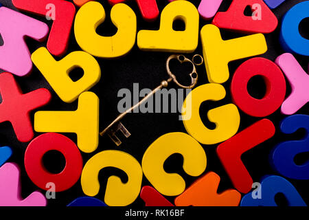 Retro key and Colorful Letters of Alphabet made of wood Stock Photo - Alamy