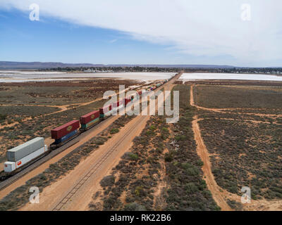 Container double decker freight train coming from Perth to Port Augusta ...
