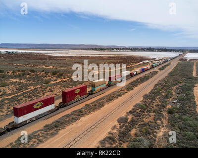 Container double decker freight train coming from Perth to Port Augusta ...