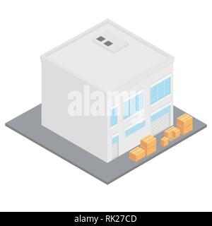 Isometric perspective building icon. Workshop, black car and stack of ...