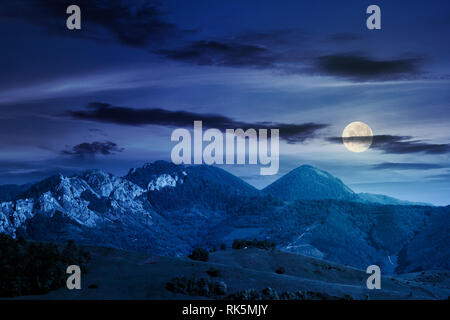 A beautiful landscape of rocky mountains with forested hillside in ...