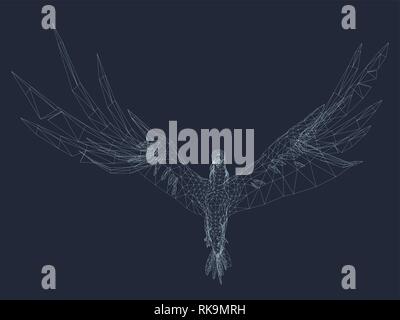 Wireframe of an eagle with spread wings of blue lines on a dark ...