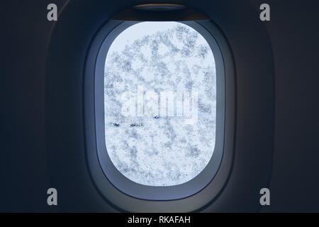 Frozen airplane window view from inside, seeing blue and pink sky and ...