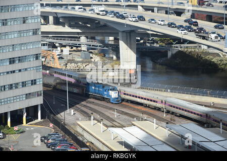 Amtrak and MBTA trains at the terminals of Boston's North Station as ...