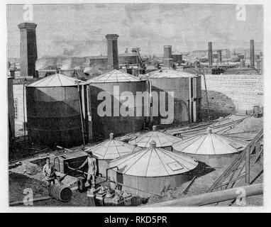 19th Century Russian oil and fuel plant. 1890 illustration of workers ...