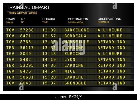 Train station departure board delay. France, French Paris, gare du nord ...