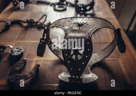 Chastity belt in restored castle in Bobolice village, part of the ...