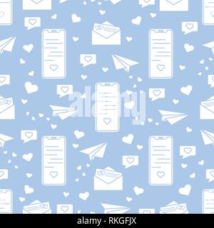 Seamless pattern with paper airplane, envelope, smartphone, sms, hearts ...