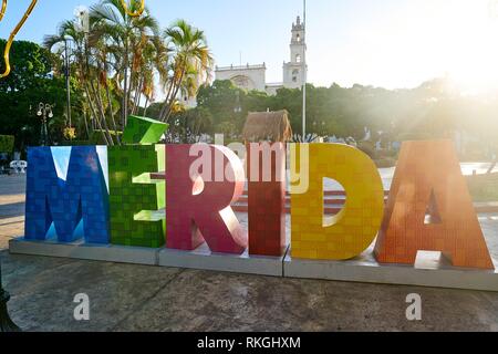 Merida Mexico - the Merida city sign at night, the Plaza Grande, Merida ...