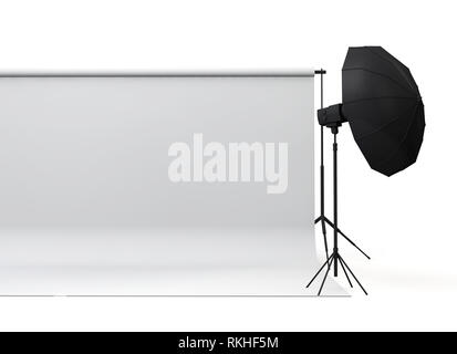Empty photography studio with paper roll and lights. 3D rendering Stock ...