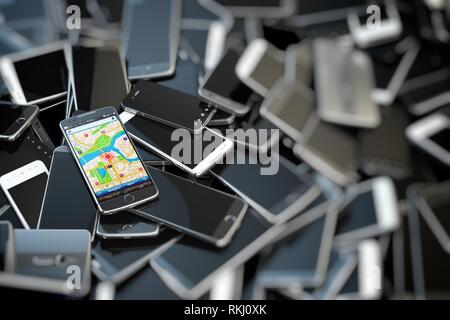 Heap of different smartphones. Mobile phone technology concept ...