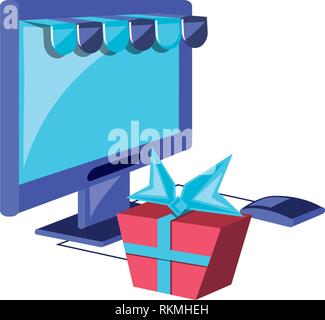 desktop computer front view with gift boxes and shopping bags in screen ...