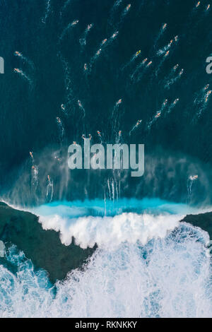 Aerial view of surfers and the reef above the north shore of Oahu ...
