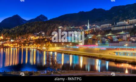 Night image of St.Moritz Village and Lake St.Moritz, Switzerland Stock ...