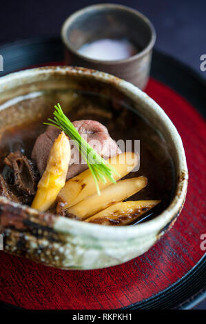 Kuroge wagyu beef with white asparagus and morel mushrooms at Tenku Ryu ...